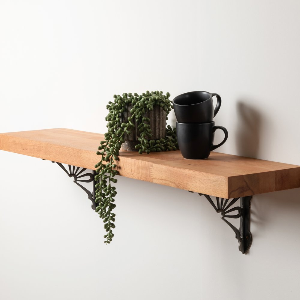 Beech Shelf With Aged Brass Butterfly Brackets | House of Worktops